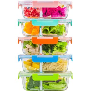 c crest 5-pack,3 compartment glass meal prep containers set,34oz, divided glass food storage containers with lids, glass lunch box with dividers