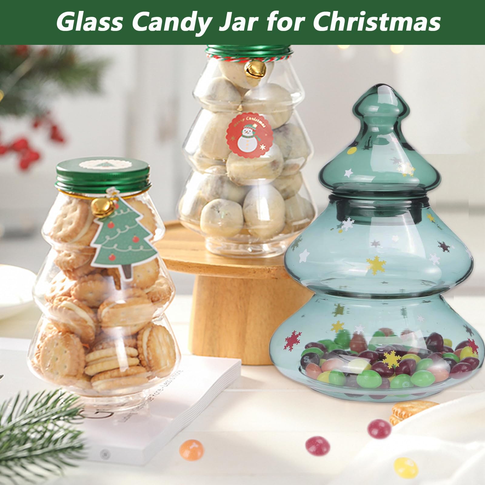 Luvan 18oz Glass Candy Jar with Lid, Christmas Tree Large Container Covered Candy Bowl, Candy Dish for Home Kitchen Office Desk Christmas Gift