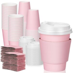 100 pcs 12 oz disposable coffee cups with lids and sleeves bulk, insulated paper cups hot chocolate cups for hot and cold beverage water juice cocoa tea party restaurants travel supplies (pink)