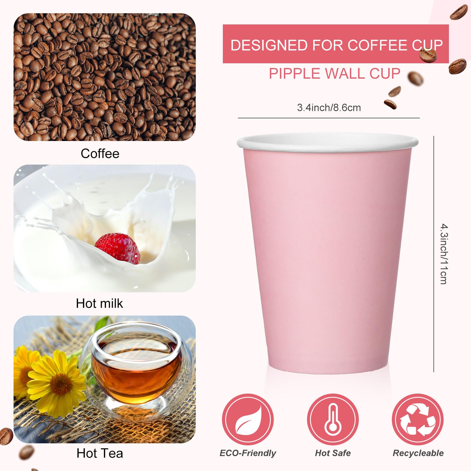 100 Pcs 12 oz Disposable Coffee Cups with Lids and Sleeves Bulk, Insulated Paper Cups Hot Chocolate Cups for Hot and Cold Beverage Water Juice Cocoa Tea Party Restaurants Travel Supplies (Pink)