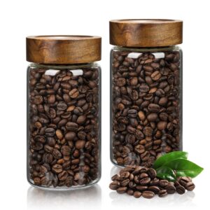 piconesper 2pcs small glass storage jars with airtight lids, 19.3 fl oz (560ml) coffee container with wooden lid, glass pantry canister for beans, rice, sugar and etc (2pcs, 560ml)