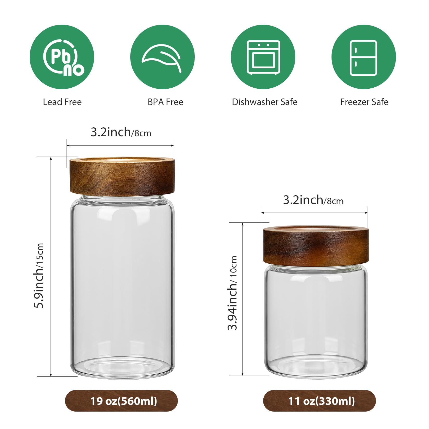 piconesper 2PCS Small Glass Storage Jars with Airtight Lids, 19.3 fl oz (560ml) coffee container with Wooden Lid, Glass Pantry Canister for Beans, Rice, Sugar and etc (2PCS, 560ML)