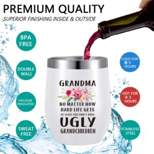 Patelai Grandma Gift Coffee Mug, at Least You Don't Have Ugly Children, Birthday Mother's Day Gift from Granddaughter, Ideal Gift for Grandmother, 12 oz Wine Tumbler with Gift Box