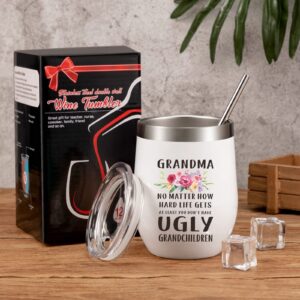 Patelai Grandma Gift Coffee Mug, at Least You Don't Have Ugly Children, Birthday Mother's Day Gift from Granddaughter, Ideal Gift for Grandmother, 12 oz Wine Tumbler with Gift Box