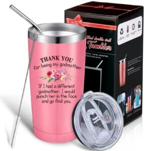 patelai funny godmother gift, thank you for being my godmother mother's day gift for godmother mother, 20 oz insulated vacuum mug tumbler with lid straw brush (pink)