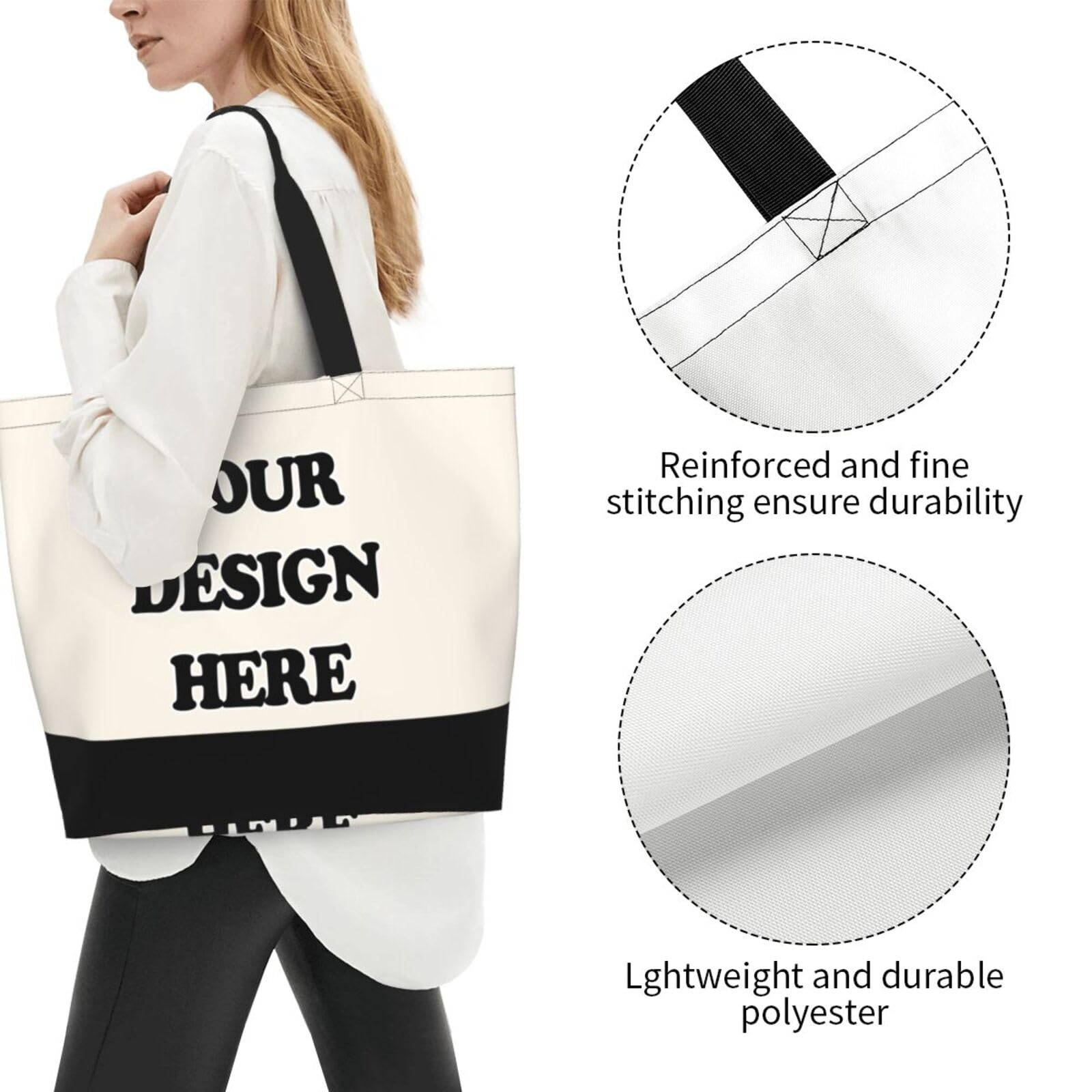 Abybela Custom Tote Bags with Team Logo Text Picture for Women Personalized Shopping Handbag Add Your Design Customized Reusable Shoulder Travel Beach Bag Handmade Totes for Business Work