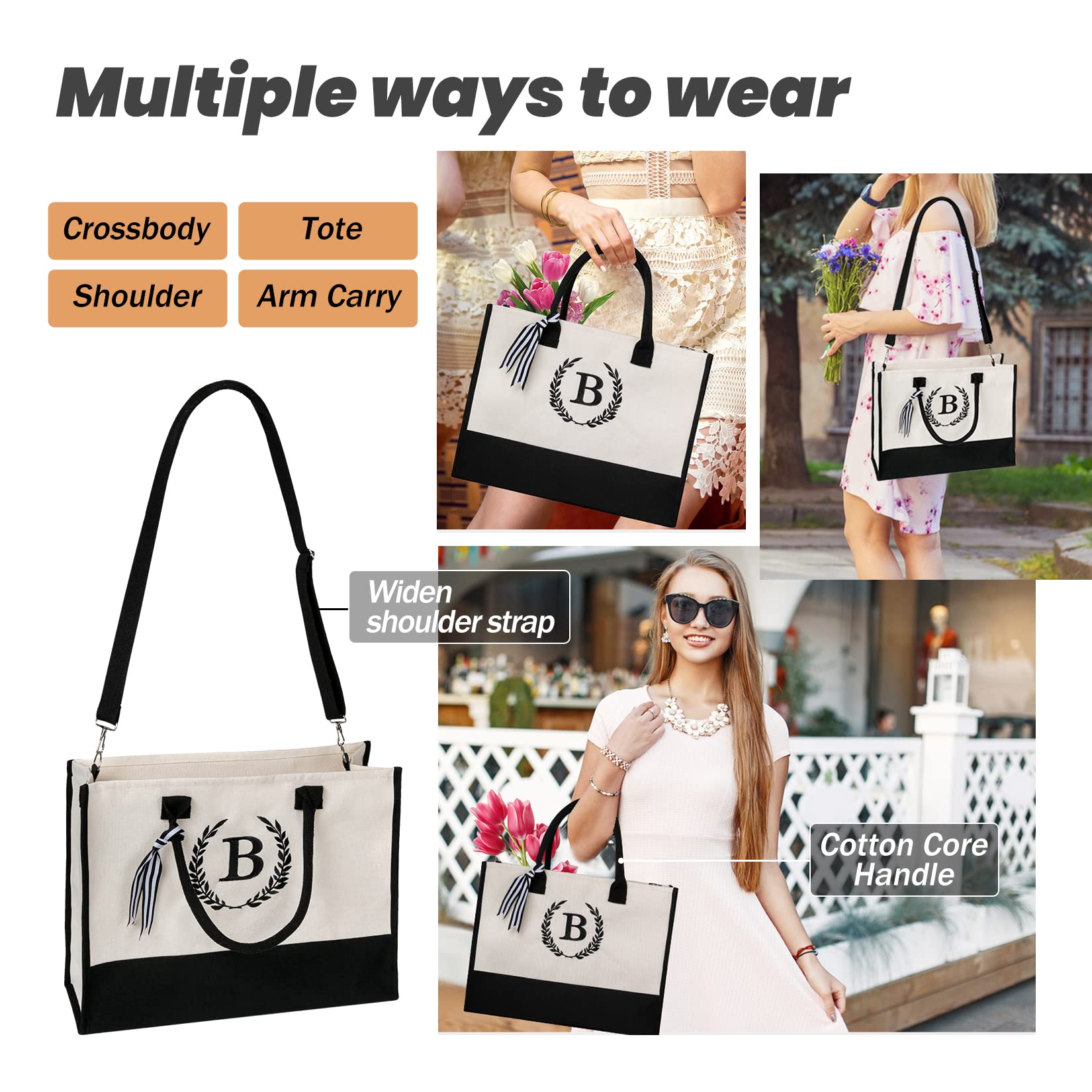 Canvas Tote Bag for Women, Personalized Monogrammed Birthday Gifts for Women, Beach Tote Bag with Zipper, Teacher Tote Bag with Pockets, Bolsos de Mujer with Exquisite Initials Embroidery Pattern (K)