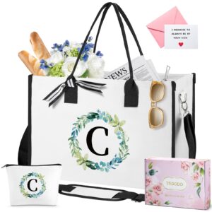 personalized customized 50th friend teacher mrs birthday christmas gifts, can-vas tote bag for women floral ini-tial beach bags w cosmetic bag inner pocket 2 side pocket shoulder strap card gift box c