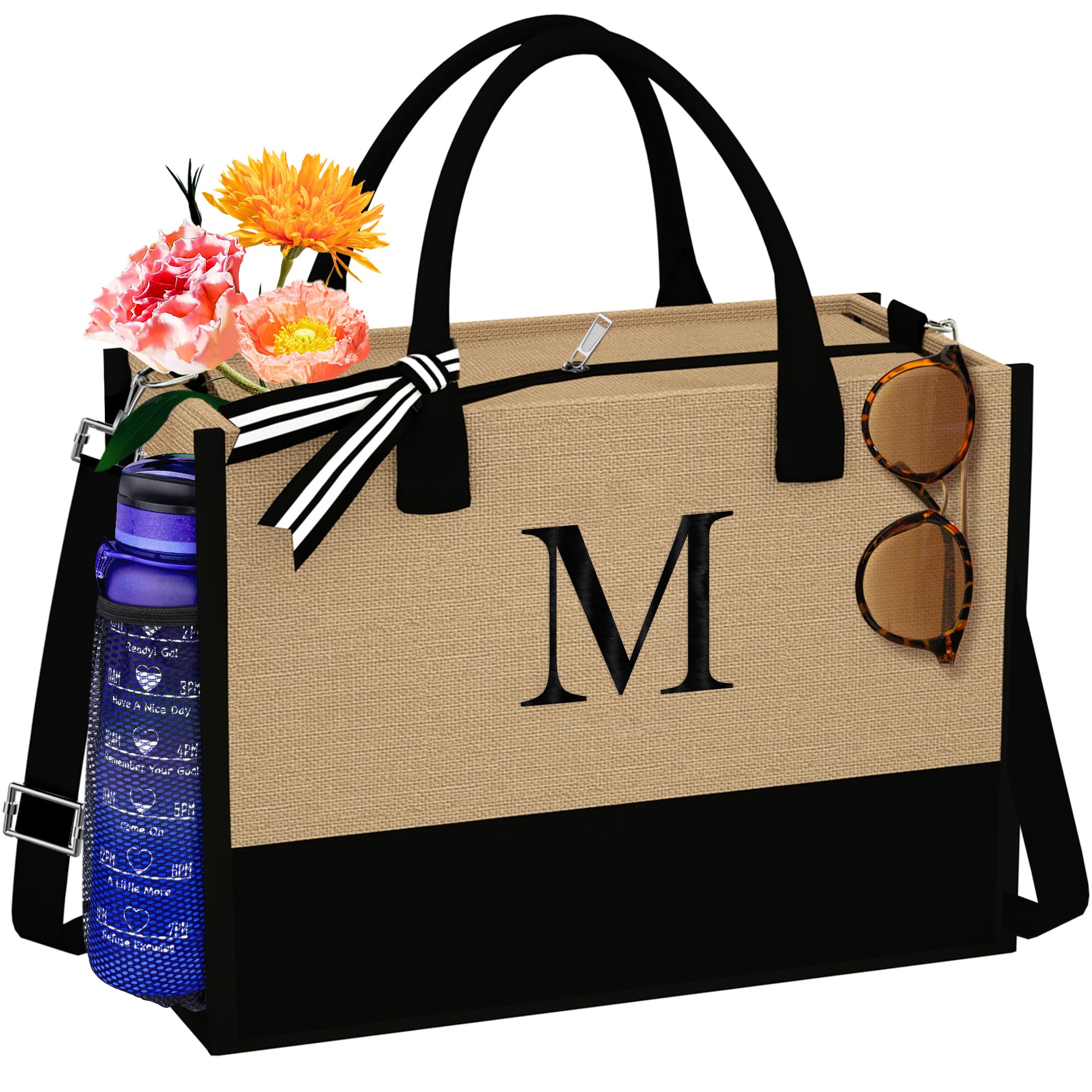 TOPEAST Mother's Day Gifts - Initial Tote Bags with Zipper Pocket, Teacher Appreciation Gifts Birthday Gifts for Mom Grandma, Monogrammed Customized Gifts Bridesmaids Bride Gift Bag Letter M