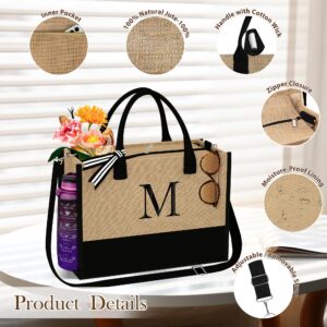 TOPEAST Mother's Day Gifts - Initial Tote Bags with Zipper Pocket, Teacher Appreciation Gifts Birthday Gifts for Mom Grandma, Monogrammed Customized Gifts Bridesmaids Bride Gift Bag Letter M