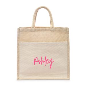 weddingstar personalized medium woven jute tote bag with pocket - script font