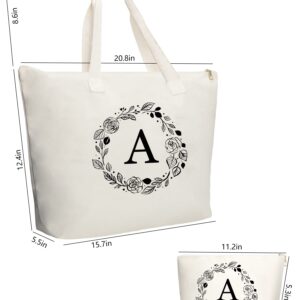 Binggemen Personalized Initial Canvas Tote Bag with Zipper, Present Bag with Inner Pocket & Make Up Bag, Great Gifts for Women, Mom, Teachers, Friends, Bridesmaids