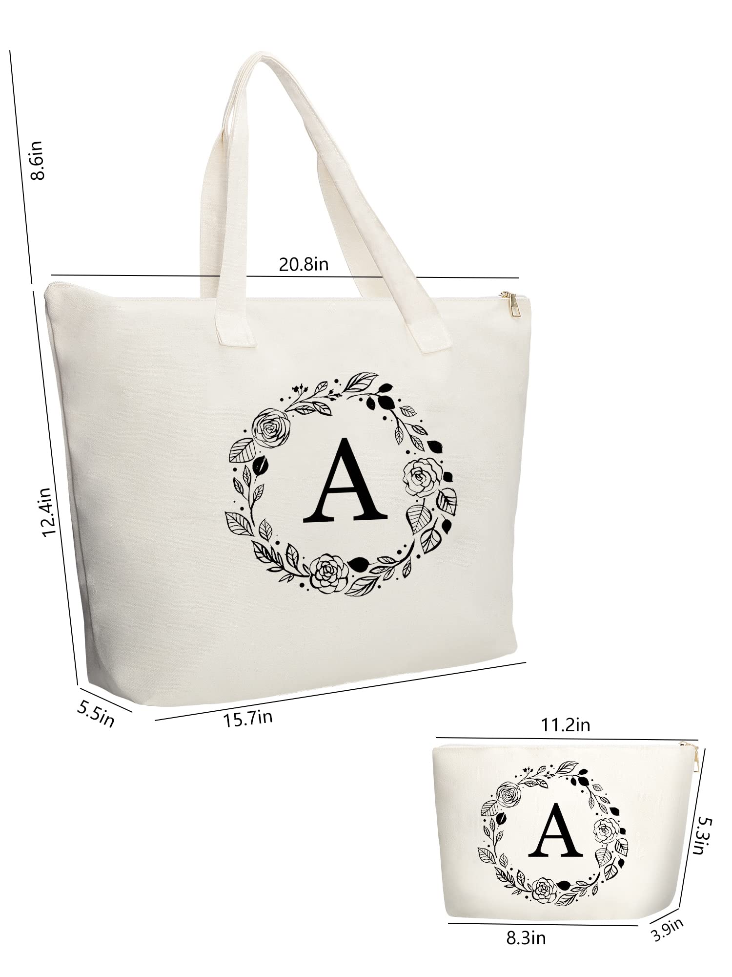 Binggemen Personalized Initial Canvas Tote Bag with Zipper, Present Bag with Inner Pocket & Make Up Bag, Great Gifts for Women, Mom, Teachers, Friends, Bridesmaids