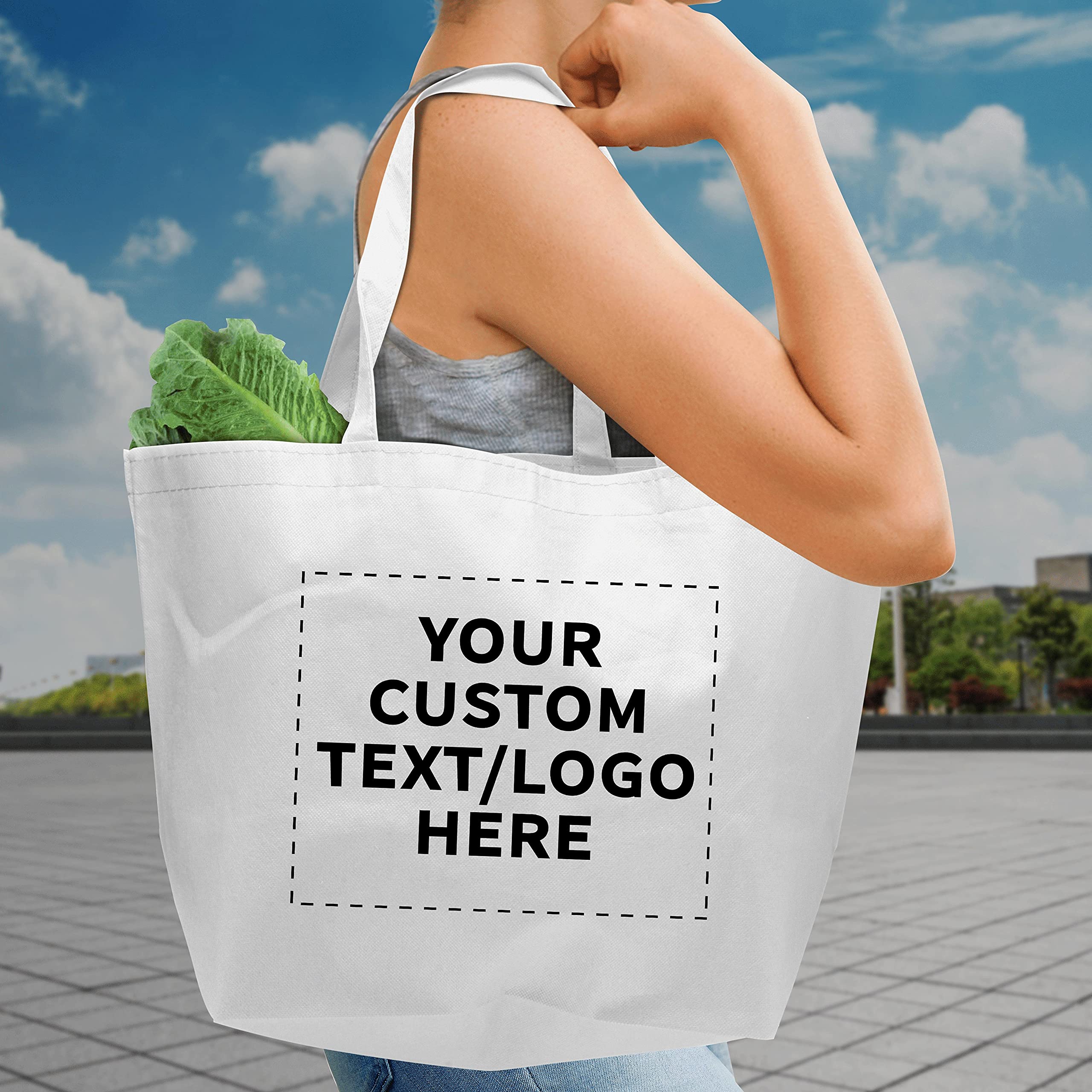 DISCOUNT PROMOS Custom Southern Style Grocery Tote Bags Set of 10 - Personalized Bulk Pack, Reusable Grocery & Shopping Bags - Great for Travel, Carry on Bag, Business Promotions - White - 20"X13"X8"