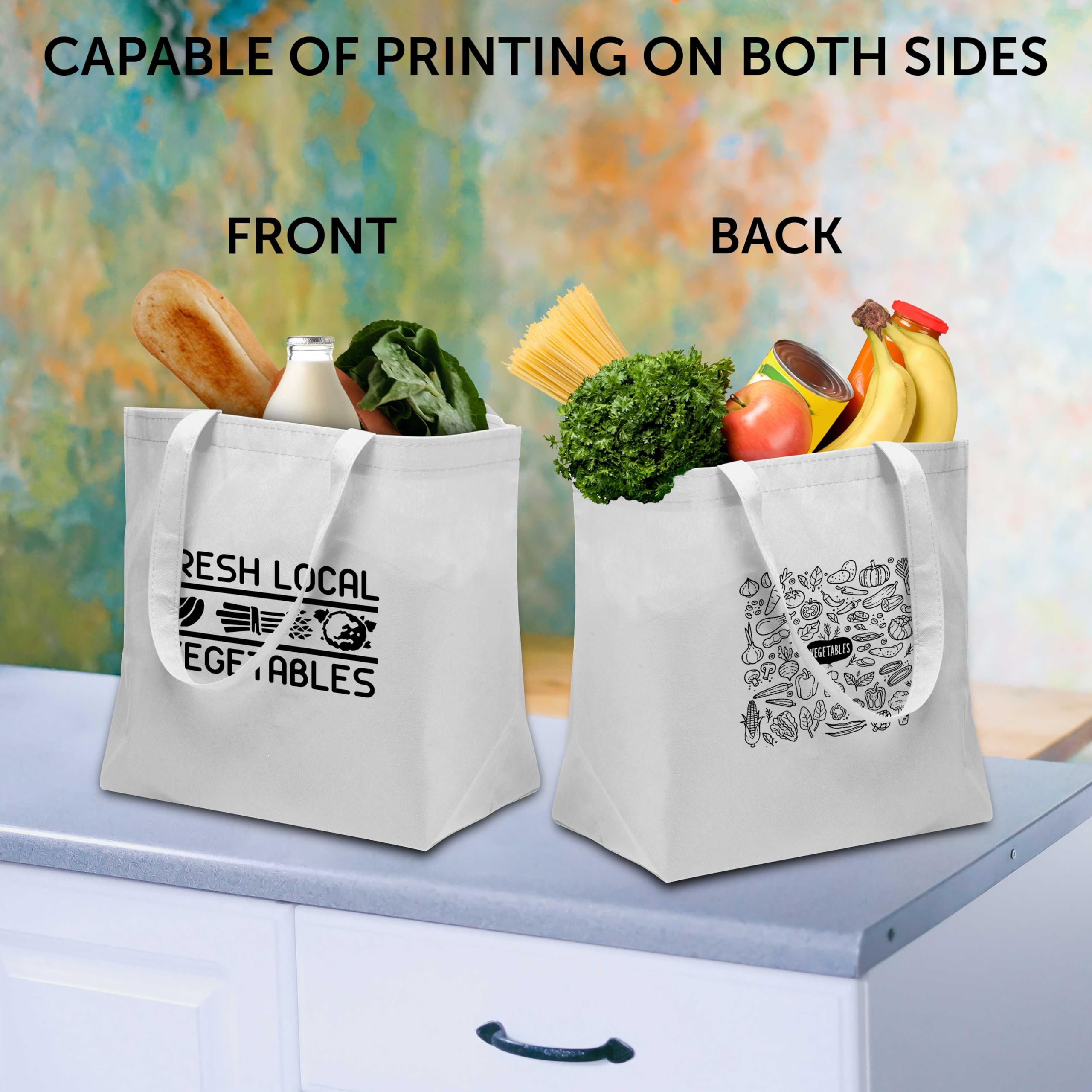 DISCOUNT PROMOS Custom Southern Style Grocery Tote Bags Set of 10 - Personalized Bulk Pack, Reusable Grocery & Shopping Bags - Great for Travel, Carry on Bag, Business Promotions - White - 20"X13"X8"