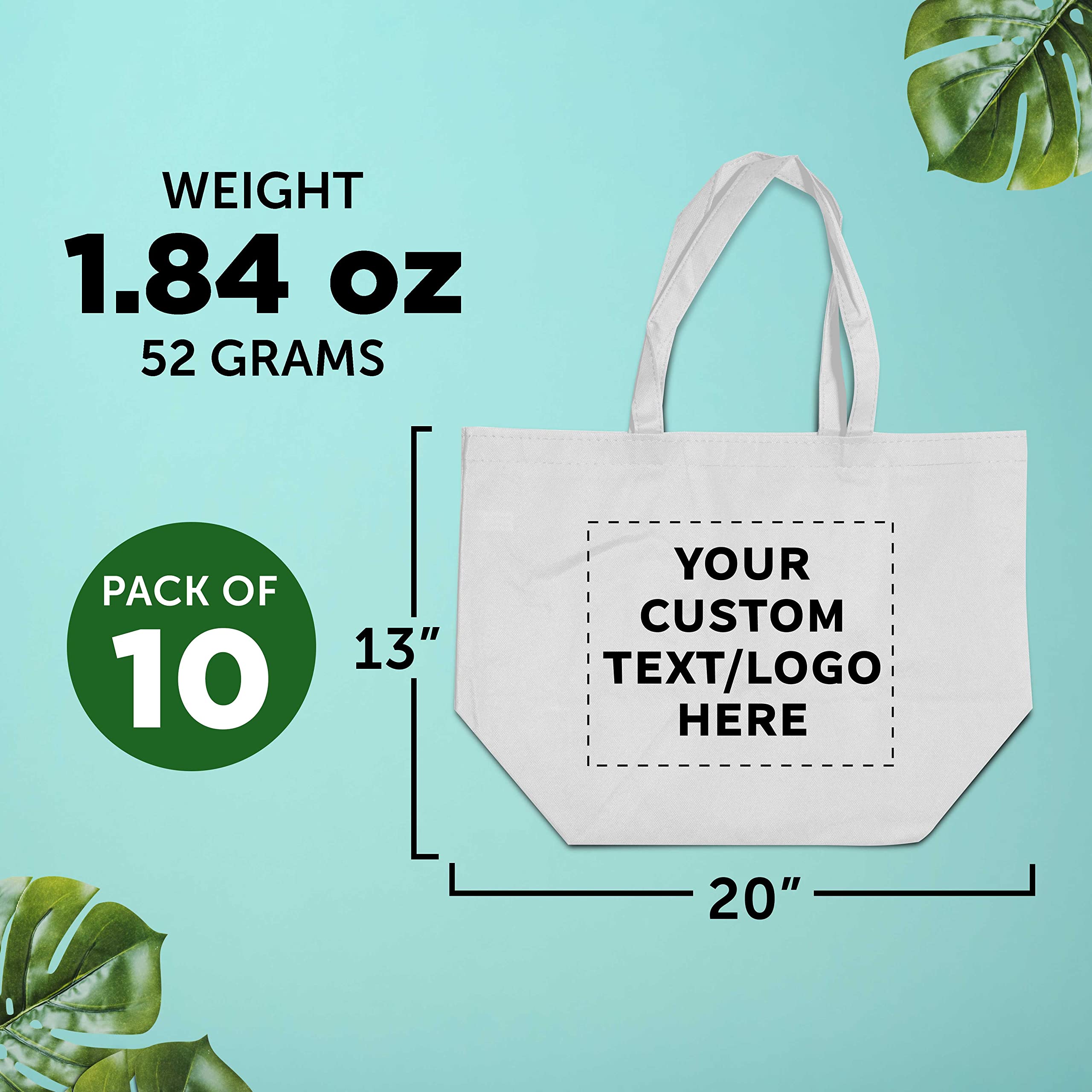 DISCOUNT PROMOS Custom Southern Style Grocery Tote Bags Set of 10 - Personalized Bulk Pack, Reusable Grocery & Shopping Bags - Great for Travel, Carry on Bag, Business Promotions - White - 20"X13"X8"