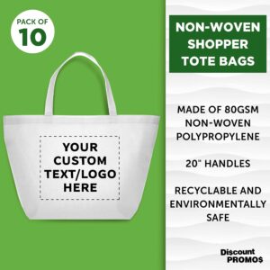 DISCOUNT PROMOS Custom Southern Style Grocery Tote Bags Set of 10 - Personalized Bulk Pack, Reusable Grocery & Shopping Bags - Great for Travel, Carry on Bag, Business Promotions - White - 20"X13"X8"