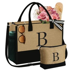 yoolife gifts for women - jute beach tote bag & makeup bag gifts personalized monogrammed letter b tote bag birthday gifts for best friends sister teacher mom initial tote bag for bridal shower gifts