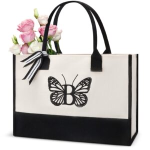 tote bag for women, cute initial tote bags, personalized butterfly monogram customized womens beach canvas tote bag aesthetic for tearcher work grocery travel, birthday gifts for her ladies, letter b