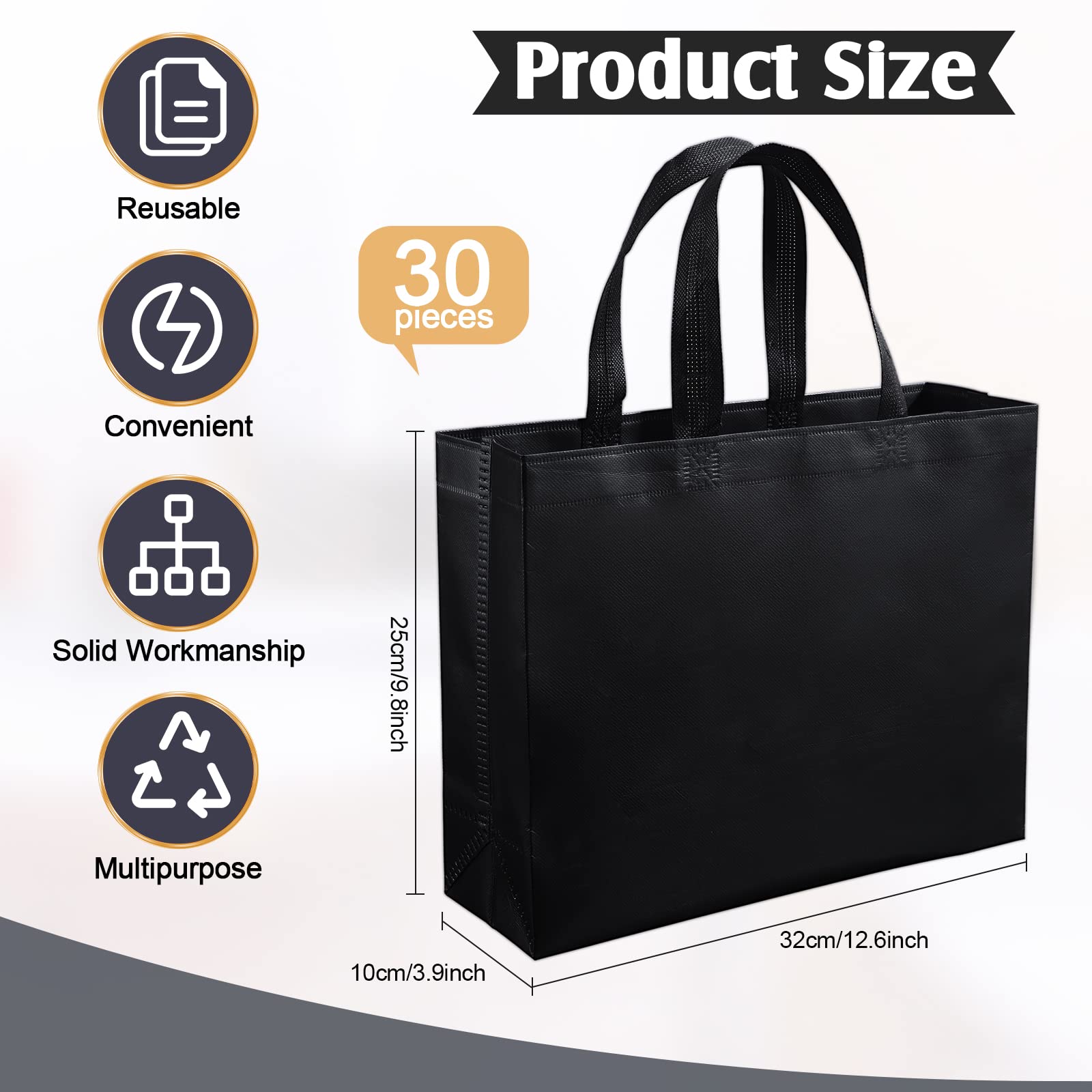 Weewooday 30 Pieces Glossy Reusable Grocery Bag Gift Bags with Handles for Wedding (Black,12.6 x 9.84 x 3.94 Inch)