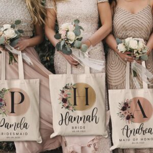 Generic Personalized Initial Tote Bag for Bridesmaid, Customize Brush Totes for Events, Bachelorette Party. Maid of Honor, Bridal Shower, Baby Shower, Custom Gift Bags for Christmas, Mother's Day Single, Beige