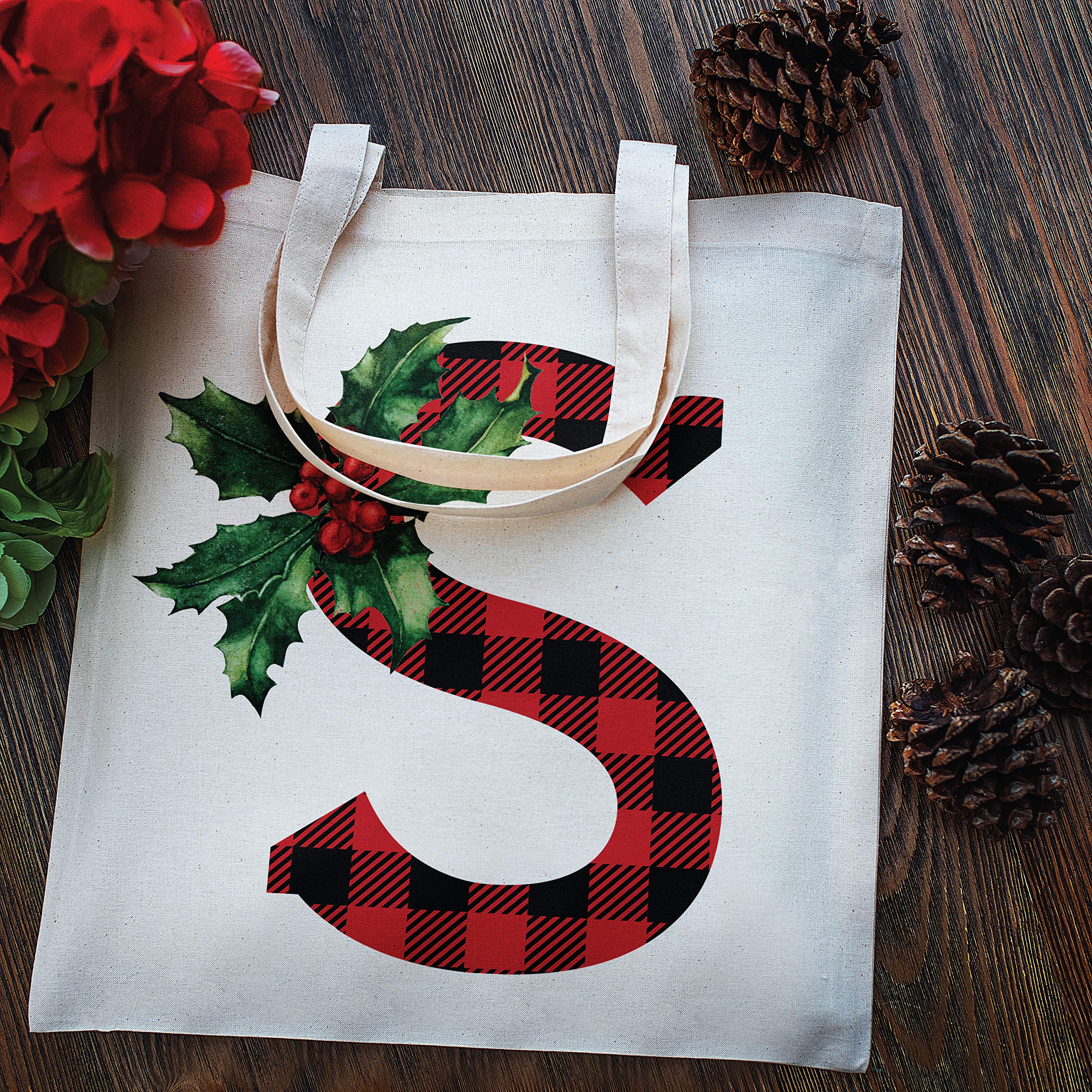 Zexpa Apparel Personalized Initial Christmas Tote Bag | Customized Floral Gift Bag Design #3 | Natural Cotton Canvas Christmas Gifts | Single - Design #3 - Initial A