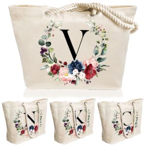 personalized floral initial cotton canvas beach tote bag, customize monogrammed totes gift for bridesmaid (initial v)