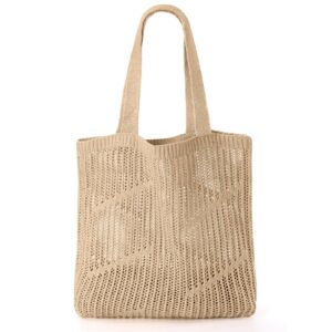 crochet tote bag, beach mesh knitted bag large aesthetic shoulder bag handbags hollow hobo bag for women summer (khaki, 4-strips)