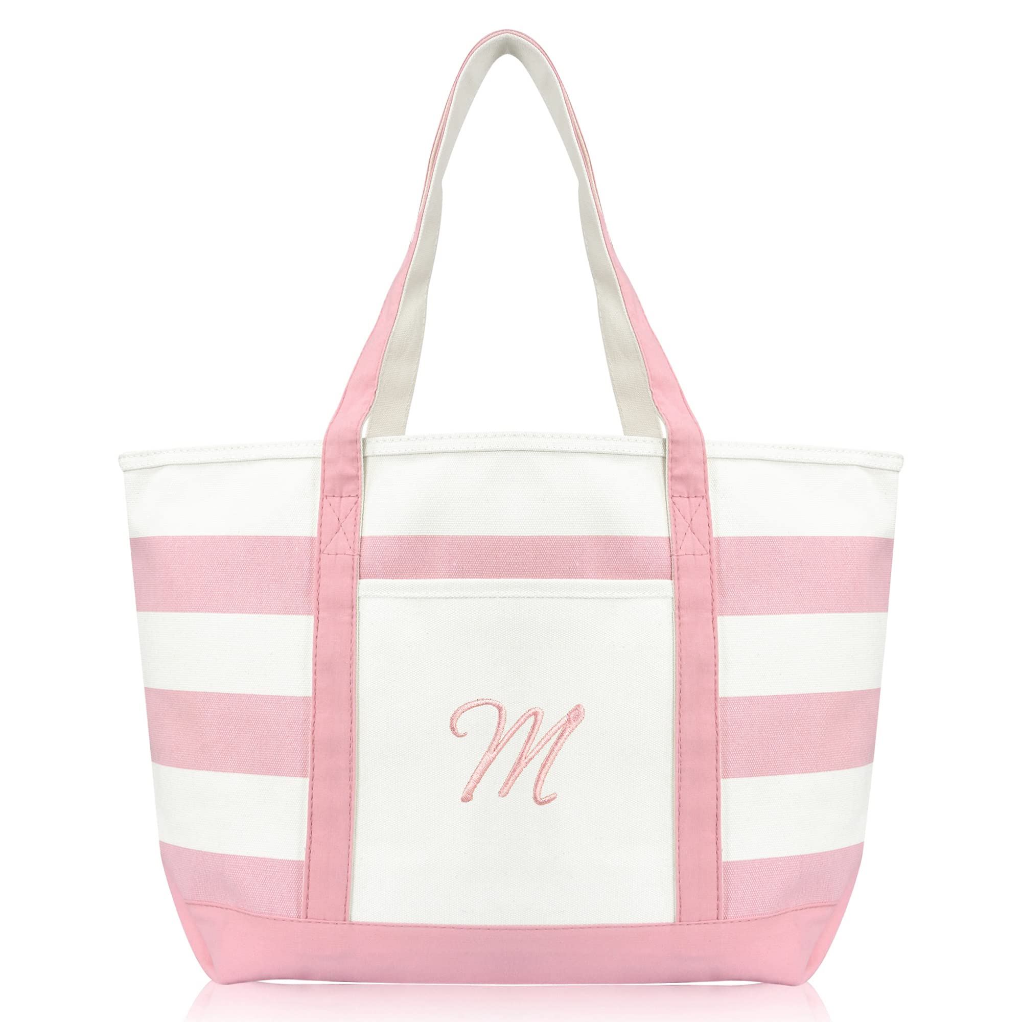 DALIX Striped Beach Bag Tote Bags Satchel Personalized Pink Ballent Letter M