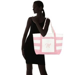 DALIX Striped Beach Bag Tote Bags Satchel Personalized Pink Ballent Letter M