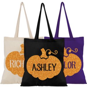 customized glitter orange pumpkin halloween trick or treat tote bags, goodie bag (black)