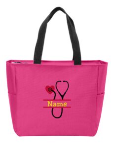 all about me company personalized monogram tote bag nurse doctor appreciation heart stethoscope initials gift rn lpn cna (design #3/pink azaela)