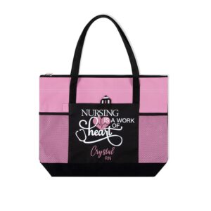 callie personalized nurse tote bag for women, nursing is a work of heart bags with zipper, nurse appreciation gift nurse week gift