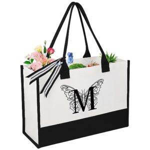 nuberlic monogram letter m initial personalized canvas tote bag for women butterfly pattern reusable grocery bags wedding birthday gift