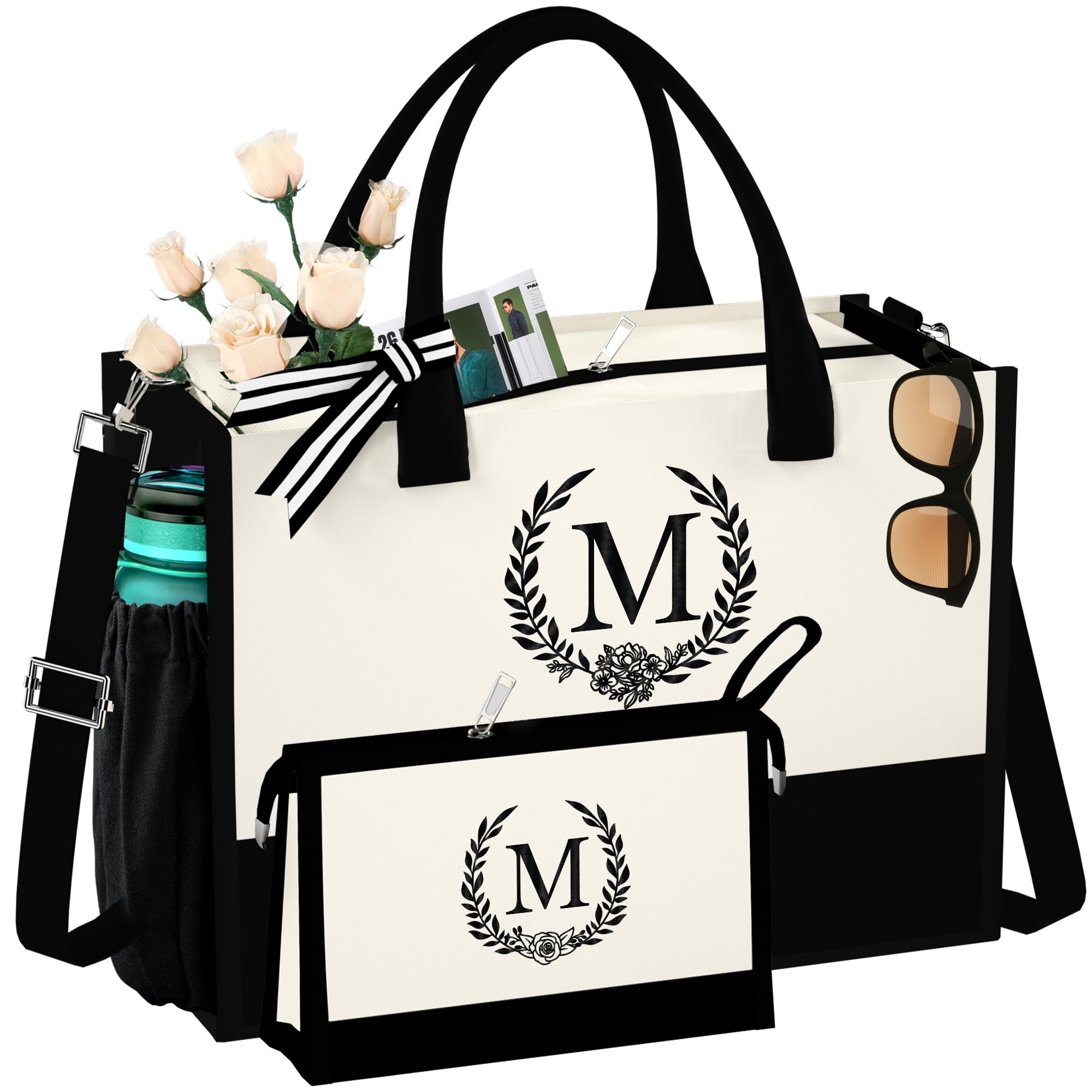 QLOVEA Mothers Day Gifts - Initial Tote Bag with Makeup Bag, Women Appreciation Gift for Teacher Nurse Mother Grandma Friendship, Beach Bag for Birthday Wedding Bridal Shower Letter M