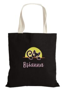 personalization universe embroidered black cat halloween tote bag, customizable with name, 100% cotton, ideal for trick or treat, halloween candy, and halloween toys