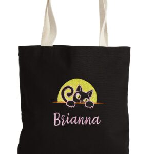 Personalization Universe Embroidered Black Cat Halloween Tote Bag, Customizable with Name, 100% Cotton, Ideal for Trick or Treat, Halloween Candy, and Halloween Toys