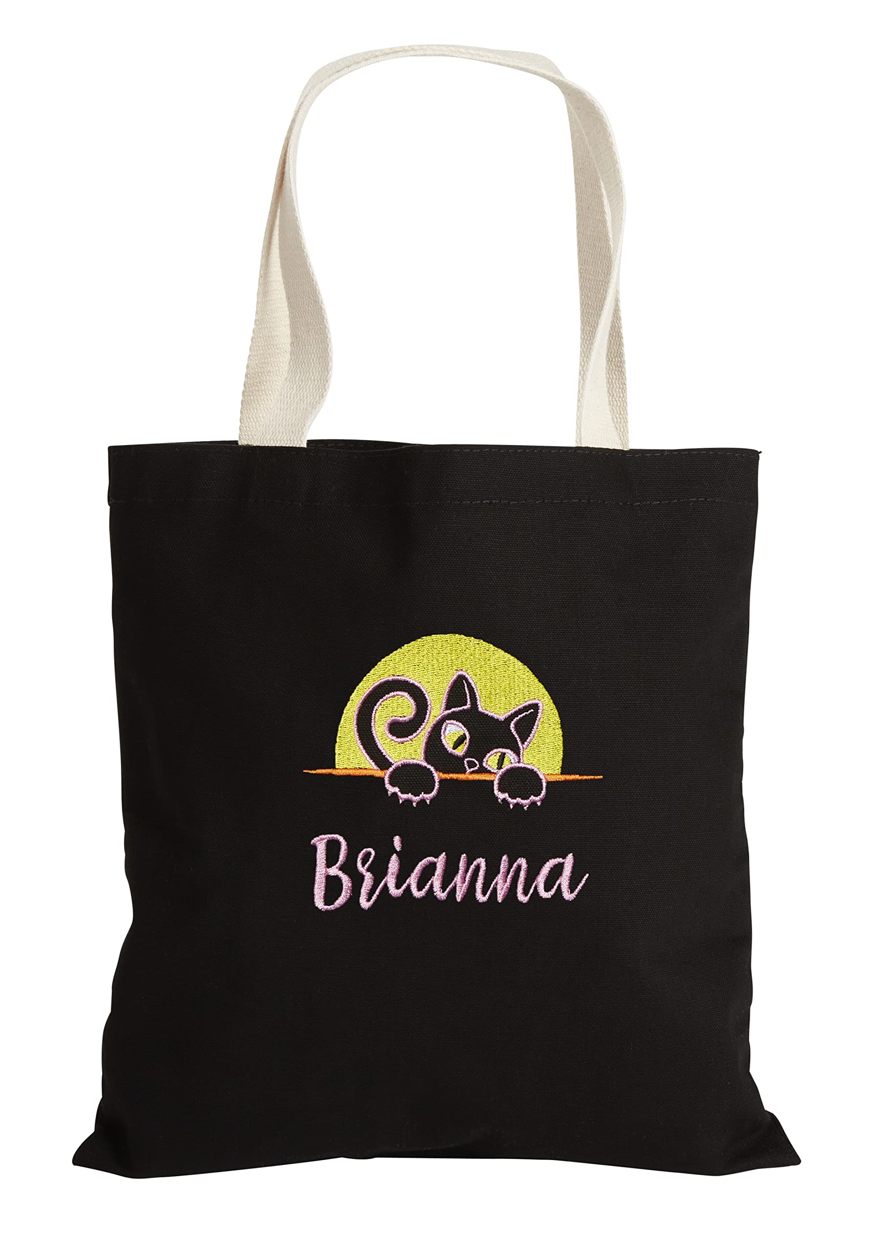 Personalization Universe Embroidered Black Cat Halloween Tote Bag, Customizable with Name, 100% Cotton, Ideal for Trick or Treat, Halloween Candy, and Halloween Toys