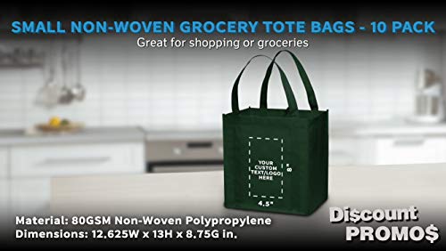 DISCOUNT PROMOS Custom Reusable Grocery Tote Bag for Shopping - 10 Pack - Personalized Logo, Text -Small Foldable Bags – Forest Green - 12.625"X13"X8.75"