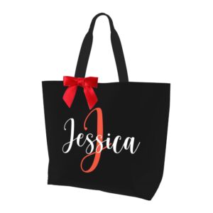 personalized initial tote bag, custom name letter monogrammed tote gift hand bags with bow tie present for women bridesmaids teachers