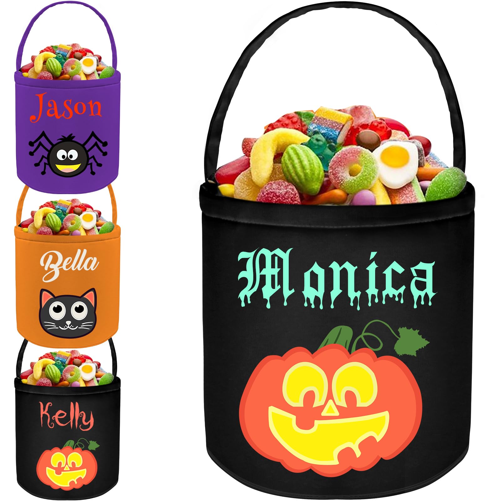 Personalized Halloween Basket Custom Trick or Treat Bucket Customized Name Pumpkin Tote Canvas Baskets Gifts for Boy Girl