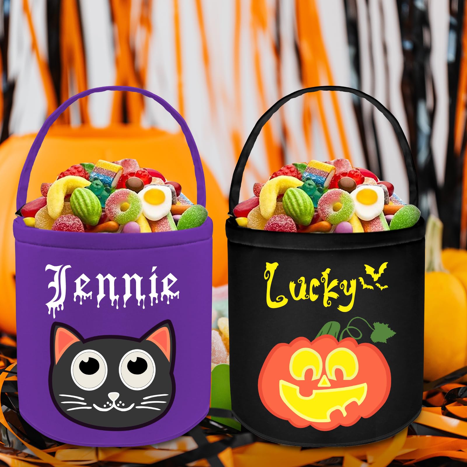 Personalized Halloween Basket Custom Trick or Treat Bucket Customized Name Pumpkin Tote Canvas Baskets Gifts for Boy Girl