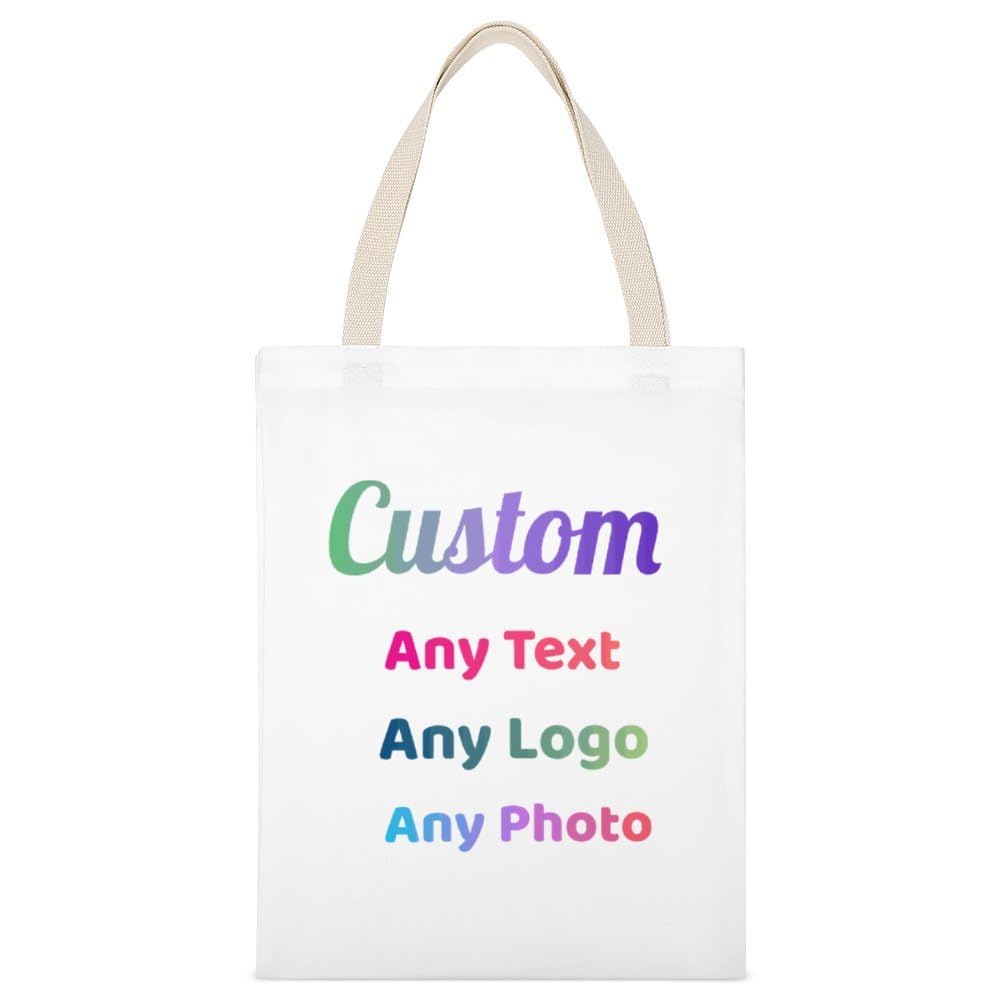 Custom Text or Photo Tote Bag Reusable Grocery Canvas Bag Personalized Picture Shopping Cloth Bag Customized Printed Shoulder Bag Create Your Own Party Gift Bag Beach Tote Wedding Gift