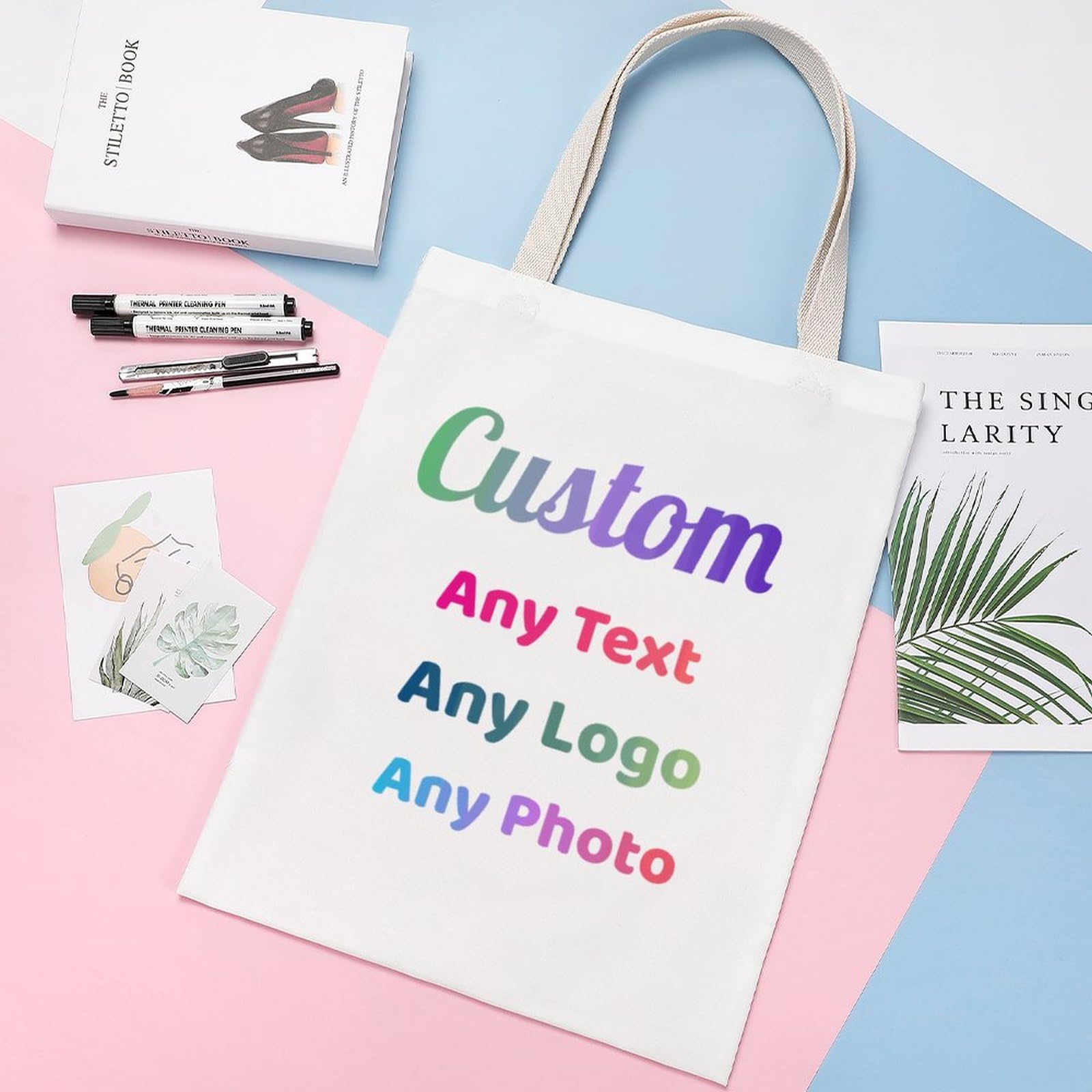 Custom Text or Photo Tote Bag Reusable Grocery Canvas Bag Personalized Picture Shopping Cloth Bag Customized Printed Shoulder Bag Create Your Own Party Gift Bag Beach Tote Wedding Gift