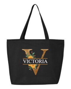 customized initial zippered canvas bag, personalized floral initial tote, custom tote, shopper tote, bridesmaid gift, wedding gift bag, letter zippered canvas bag (20"w x 15"h x 5"d, black)