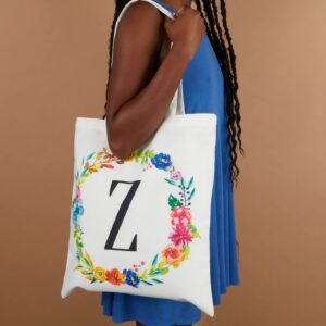 Okuna Outpost Set of 2 Reusable Monogram Letter Z Personalized Canvas Tote Bags for Women, Floral Design (29 Inches)