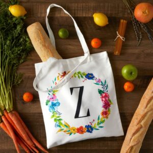 Okuna Outpost Set of 2 Reusable Monogram Letter Z Personalized Canvas Tote Bags for Women, Floral Design (29 Inches)