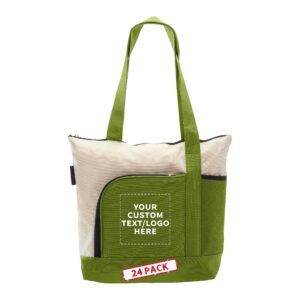 24 zipper polyester tote bags set - customizable text, logo - two-tone, zipper closure, pen loop - lime green