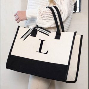 Mud Pie Classic Black and White Initial Canvas Tote Bags (L), 100% Cotton, 17" x 19" x 2"