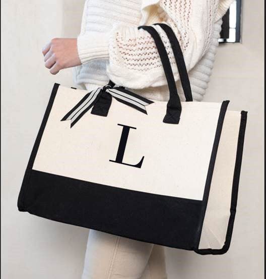 Mud Pie Classic Black and White Initial Canvas Tote Bags (L), 100% Cotton, 17" x 19" x 2"